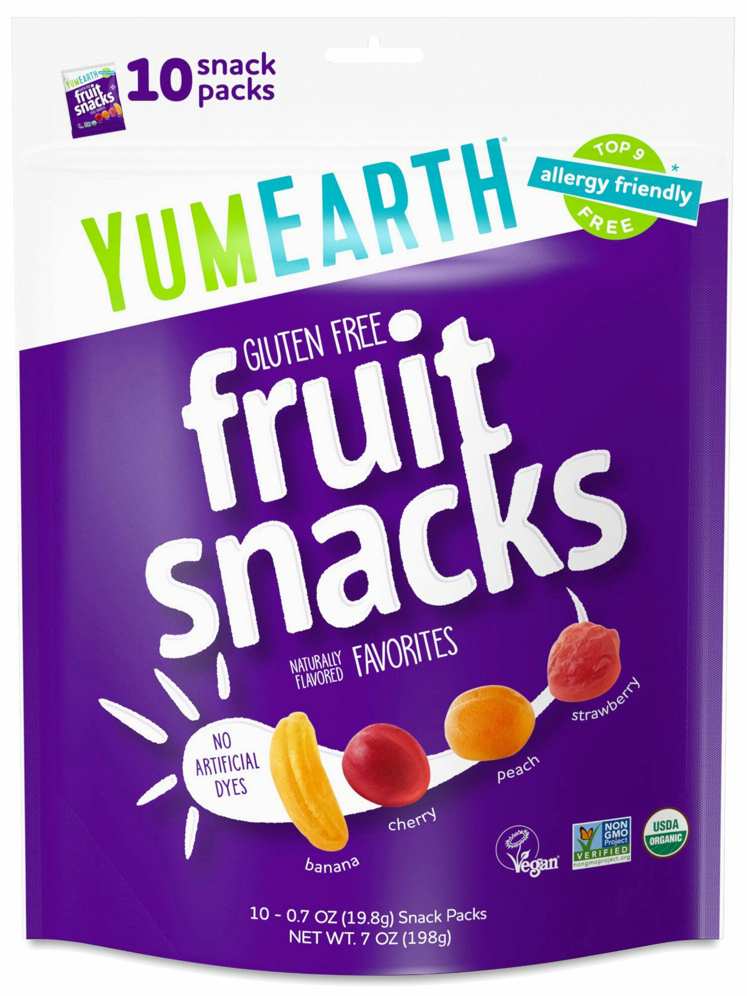 Органические фруктовые мармеладки YumEarth Ассорти клубника, банан, персик, вишня, 10 порций по 19,8 г