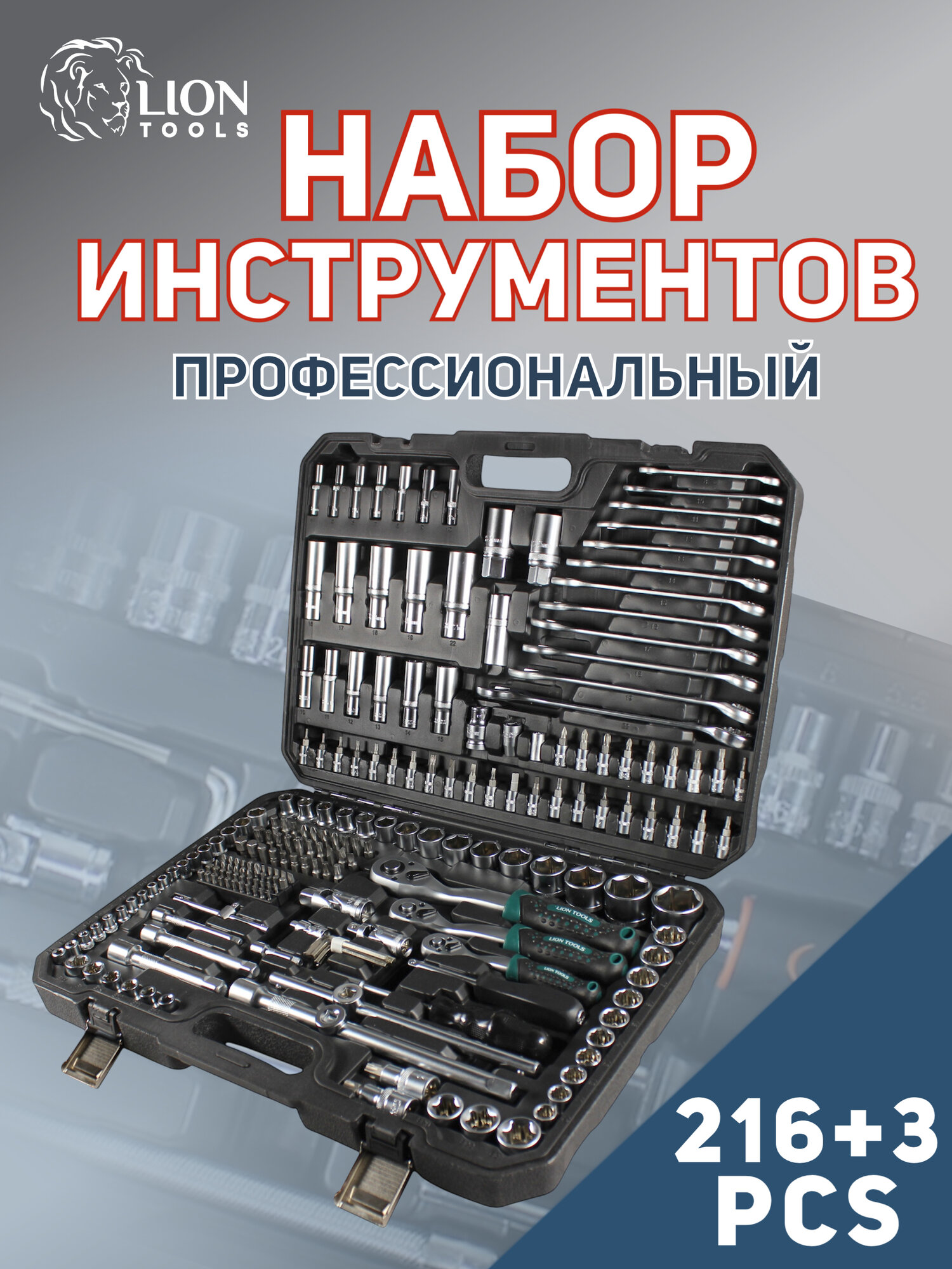 Набор инструментов LION TOOLS 216+3 предметов, хром-ванадиевая сталь, в кейсе