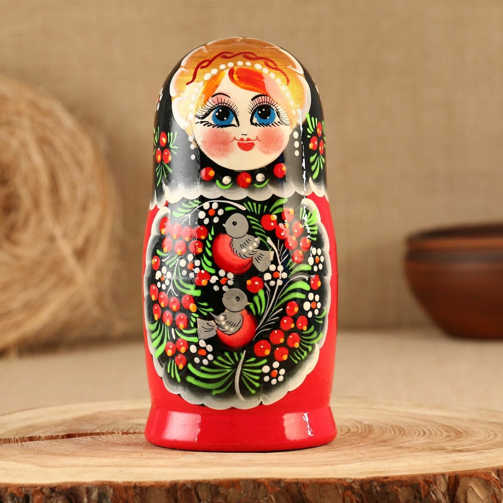 Матрёшка "Снегири в рябине", чёрный платок, 5 кукольная, 15 -18 см