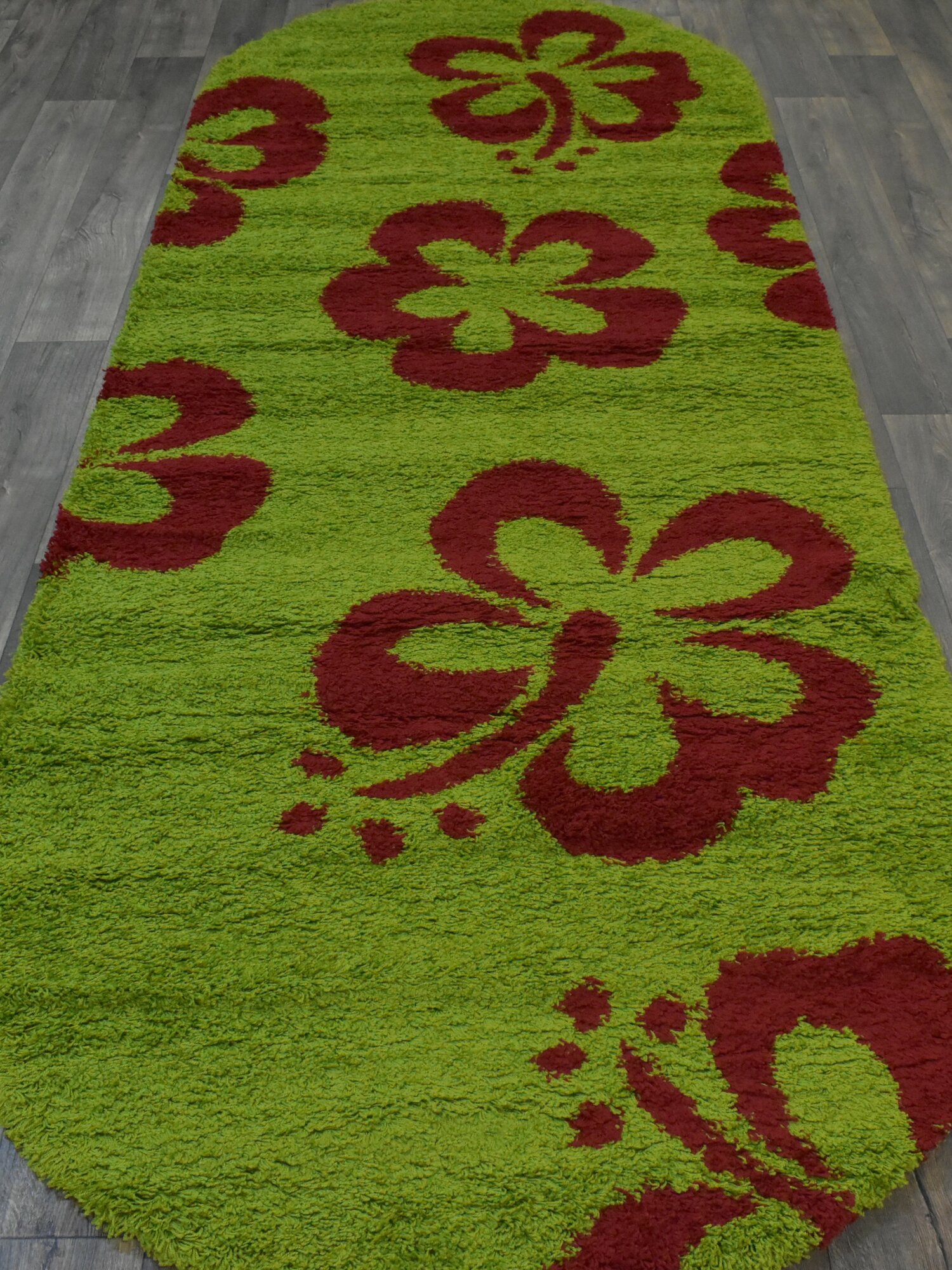 Ковер пушистый на пол овальный, в гостиную, спальню, детскую, 605, Шегги ультра Меринос, зелено-красный, 1.5*4 м