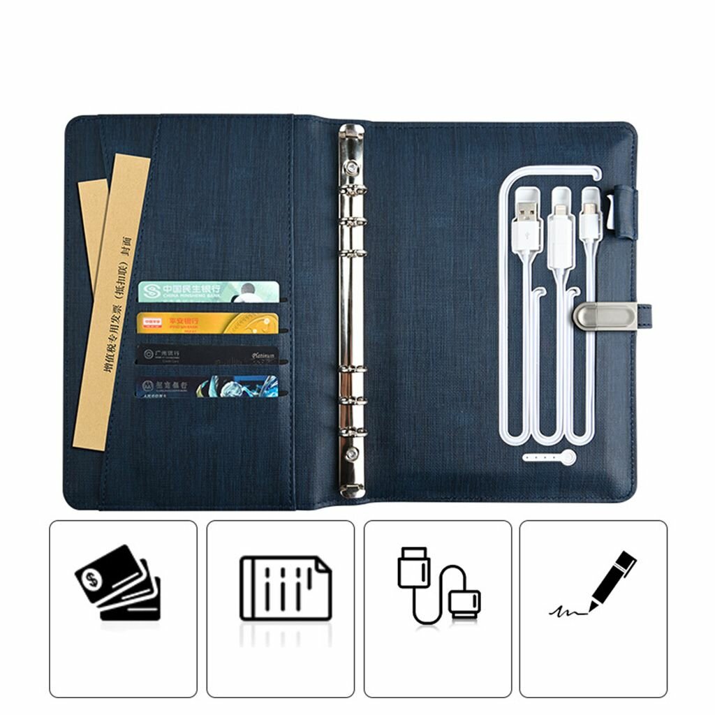 Тетрадь для записи иностранных слов, Блокнот с беспроводной зарядкой 16ГБ флешка+8000 мАч батарея+USB-синий, комплект