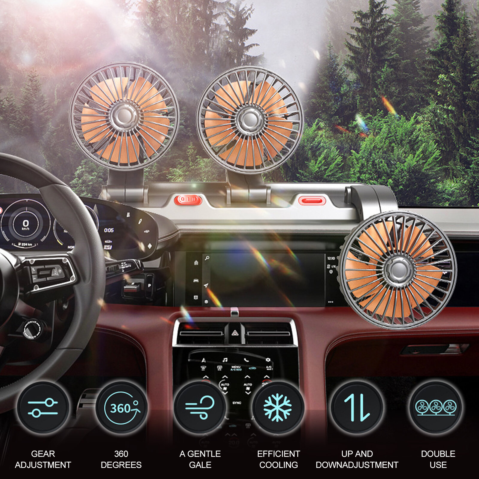 Вентилятор в авто 3 головки, 2 скорости, 360°, с аромабоксом, 24V