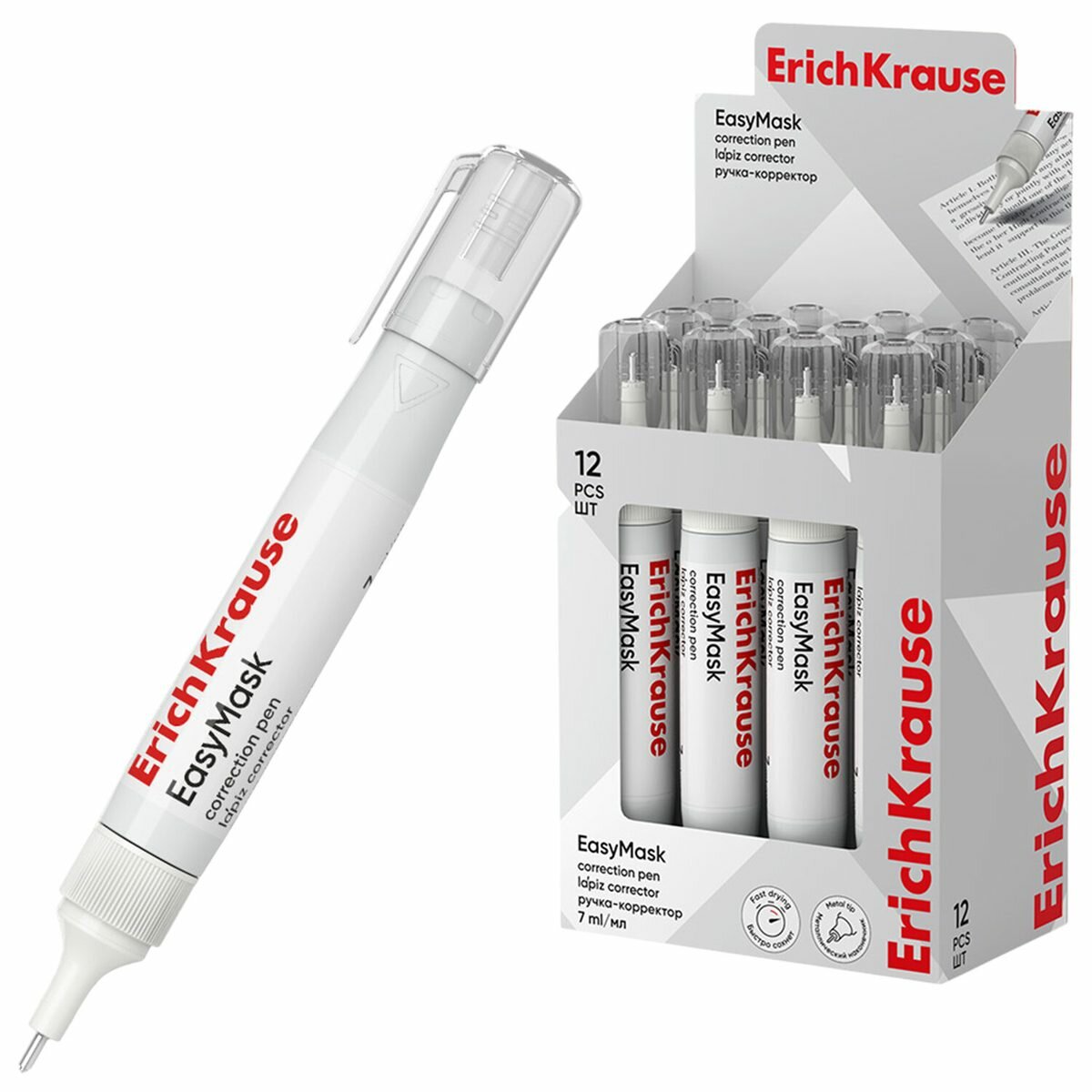Корректирующая ручка Erich Krause EasyMask, 7мл, металлический наконечник (55989), 12шт.