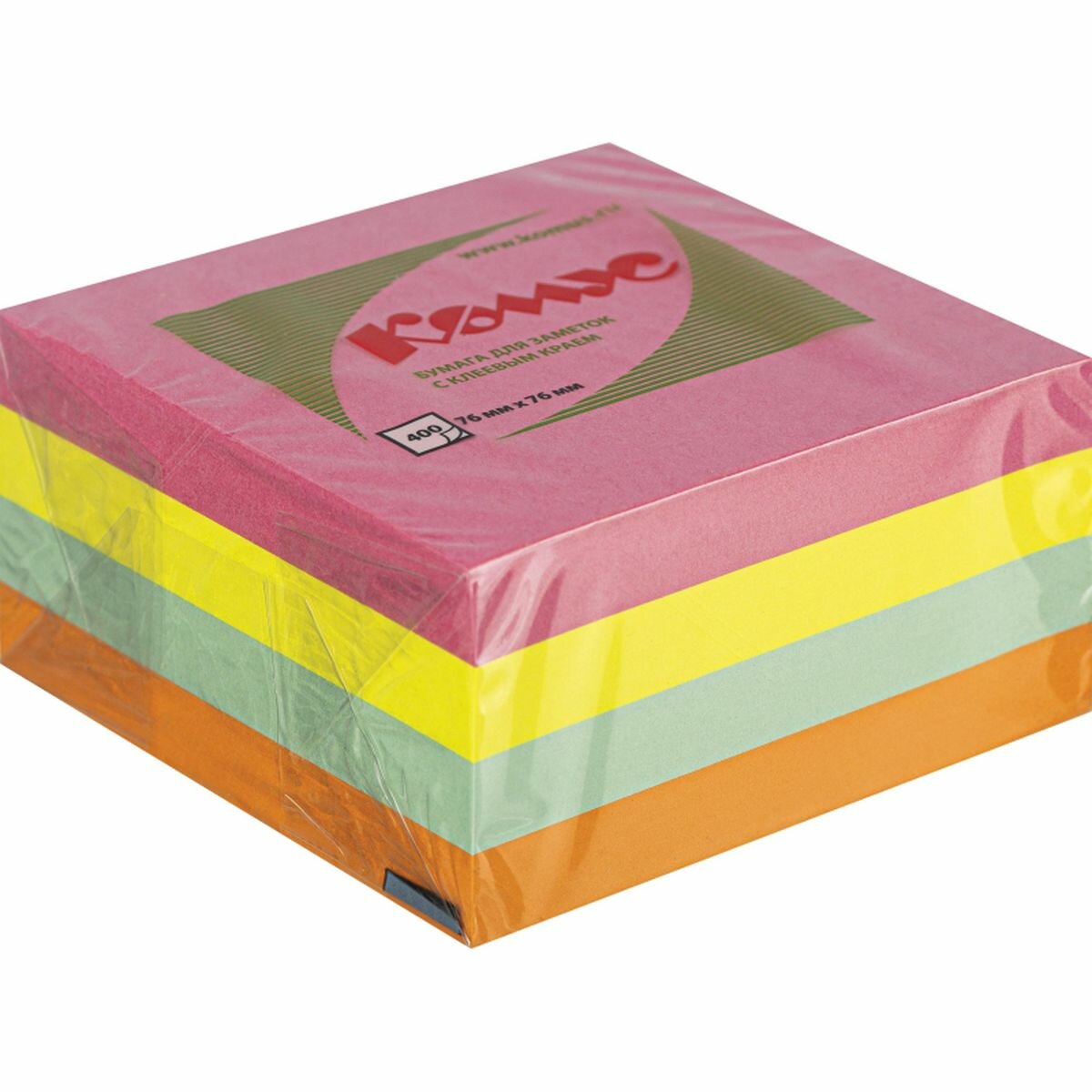 Стикеры (самоклеящийся блок) Комус Куб, 76х76мм, неон. цвета, 400 листов (154924), 12 уп.