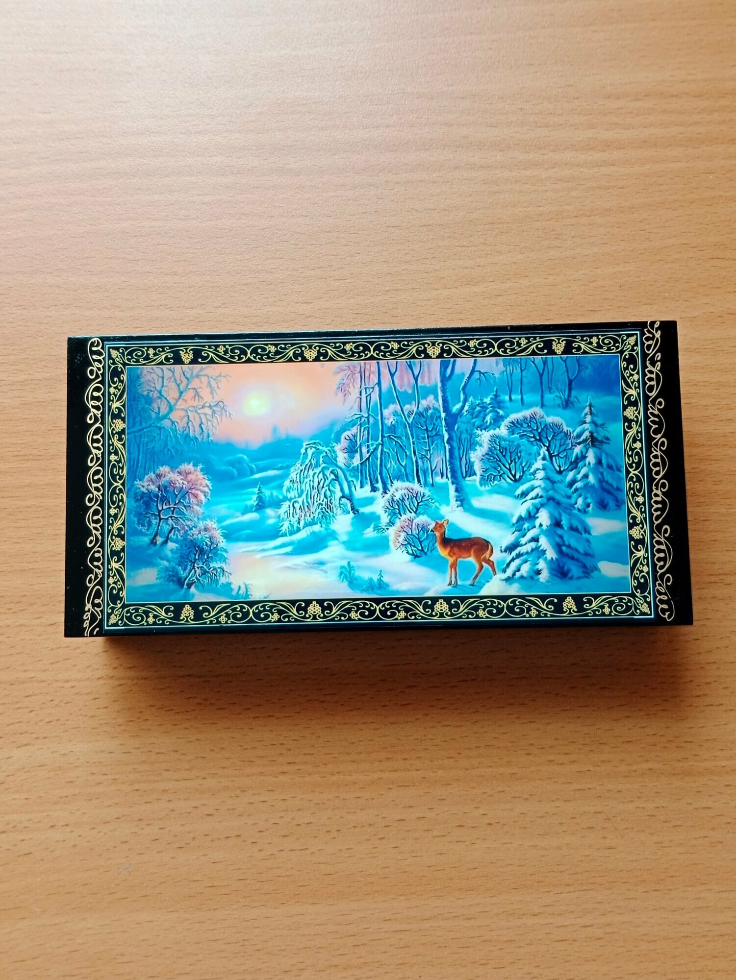 Шкатулка-купюрница универсальная" Зимний вечер" 17*8,5*3,5см, лаковая миниатюра