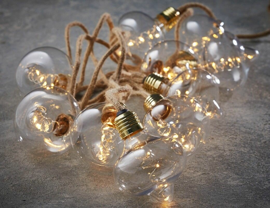 Электрогирлянда ретро лампы, 10 ламп, 50 тёплых белых микро LED-огней, 3,15+5 м, джутовый провод