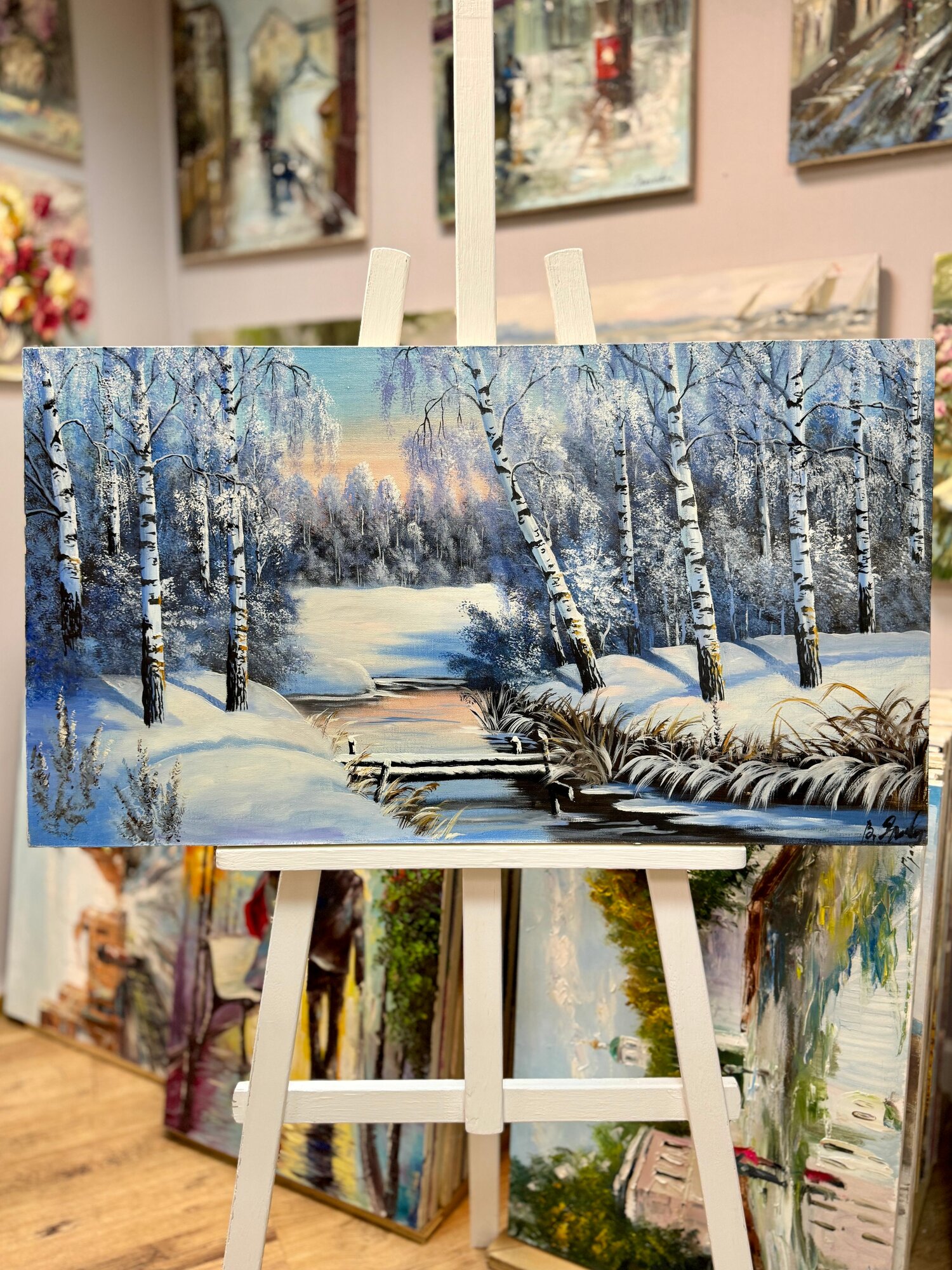 Картина маслом Зимний пейзаж с рекой и березками 90x50 см. Художественная мастерская Грёзы.