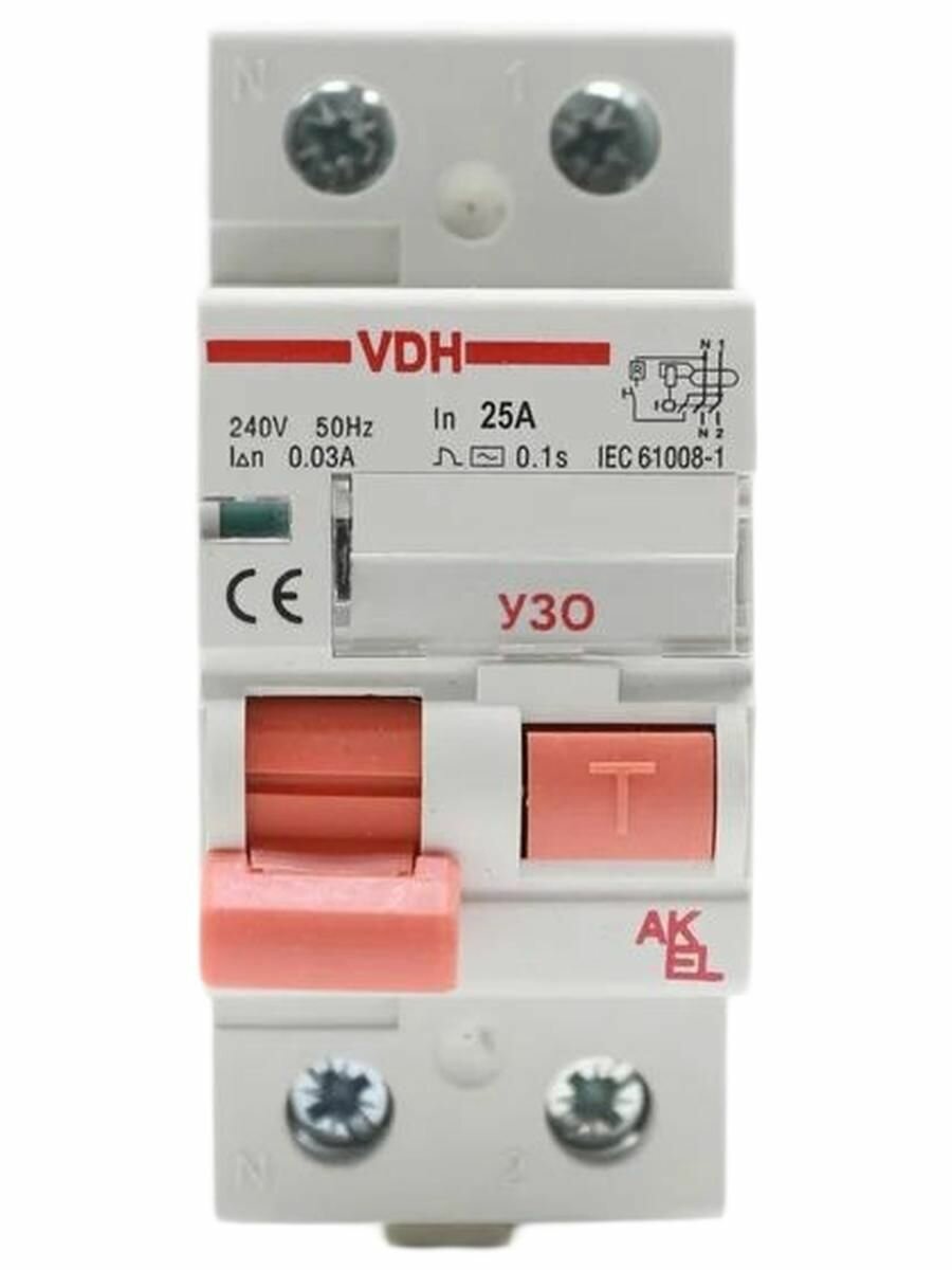 Акэл Устройства защитного отключения УЗО-VDH-2P-25А-30mA-ТипАС (арт. 400648)
