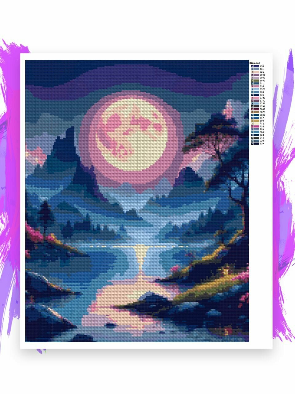 Алмазная мозаика без подрамника - вышивка Лунный пейзаж 40 х 50 см