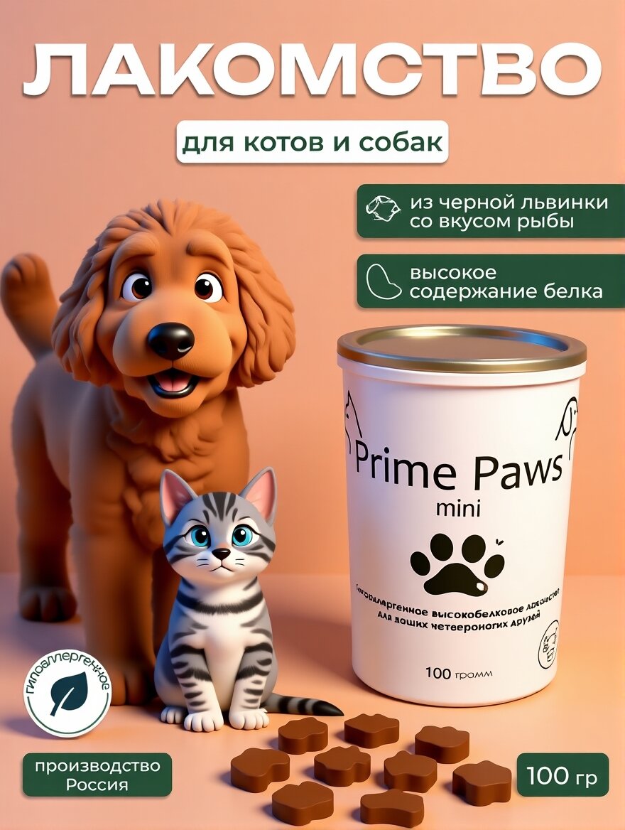Высокобелковые, гипоаллергенные мини-лакомства Prime Paws из личинки черной львинки со вкусом лосося