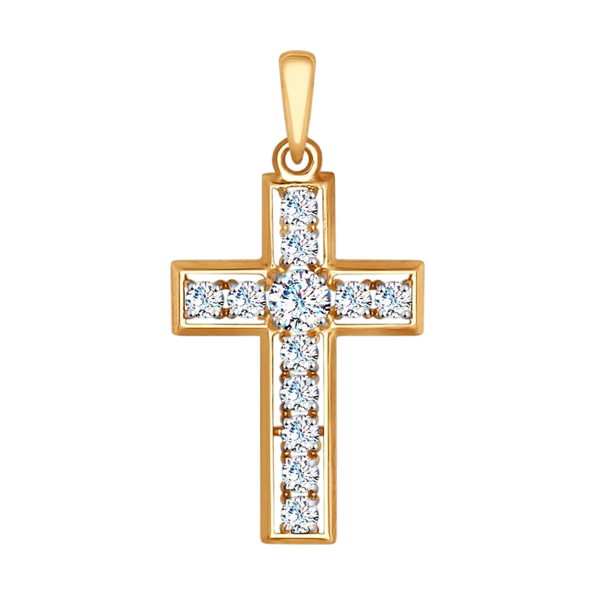 Крестик, красное золото, 585 проба, фианит