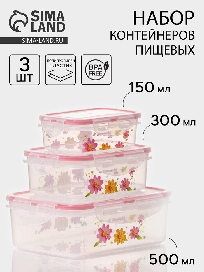 Набор контейнеров для еды «Полянка», пластик, 3 шт: 150 мл, 300 мл, 500 мл, микс