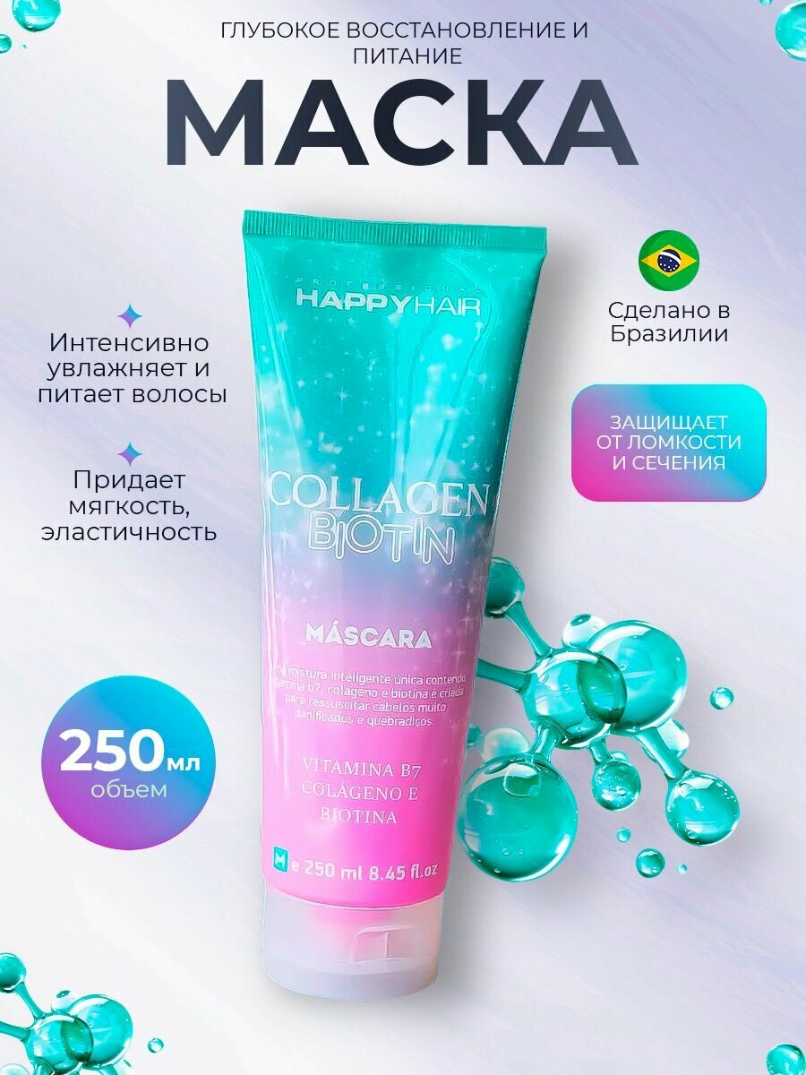 Маска Happy Hair Collagen & Biotin без сульфатов 250 мл для восстановления сильно поврежденных волос