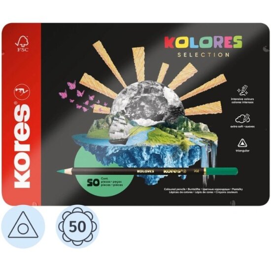 Карандаши цветные Kores Kolores 3-гран 3мм 50 цв/наб в металл. коробке 93351 (2007175КТ)
