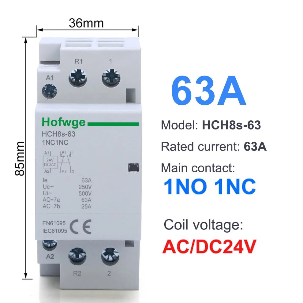 Контактор HOFWGE HCH8s-63 63А 2P 2P 63A 1NO1NC DC24V
