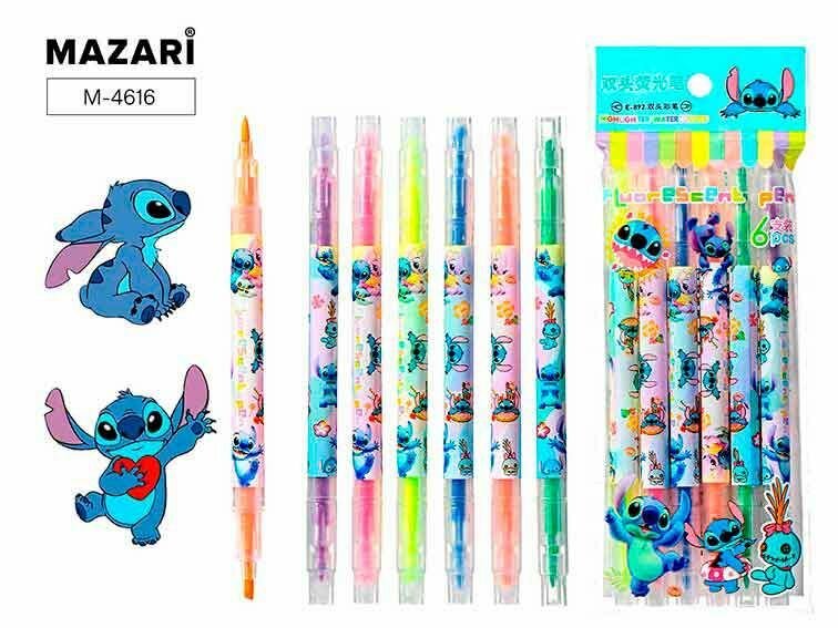 Набор текстовыделителей Mazari Ушастик, 6 цветов, двусторонние, пулевидные 1 мм, скошенные 3 мм