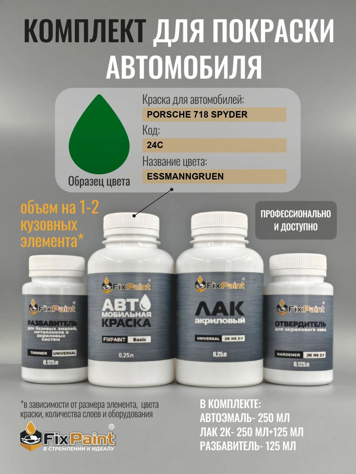 Комплект для покраски PORSCHE 718 SPYDER, код 24C, ESSMANNGRUEN, базовая автомобильная краска 250 мл, лак 2K 250 мл с отвердителем, разбавитель 125 мл, FixPaint Pro