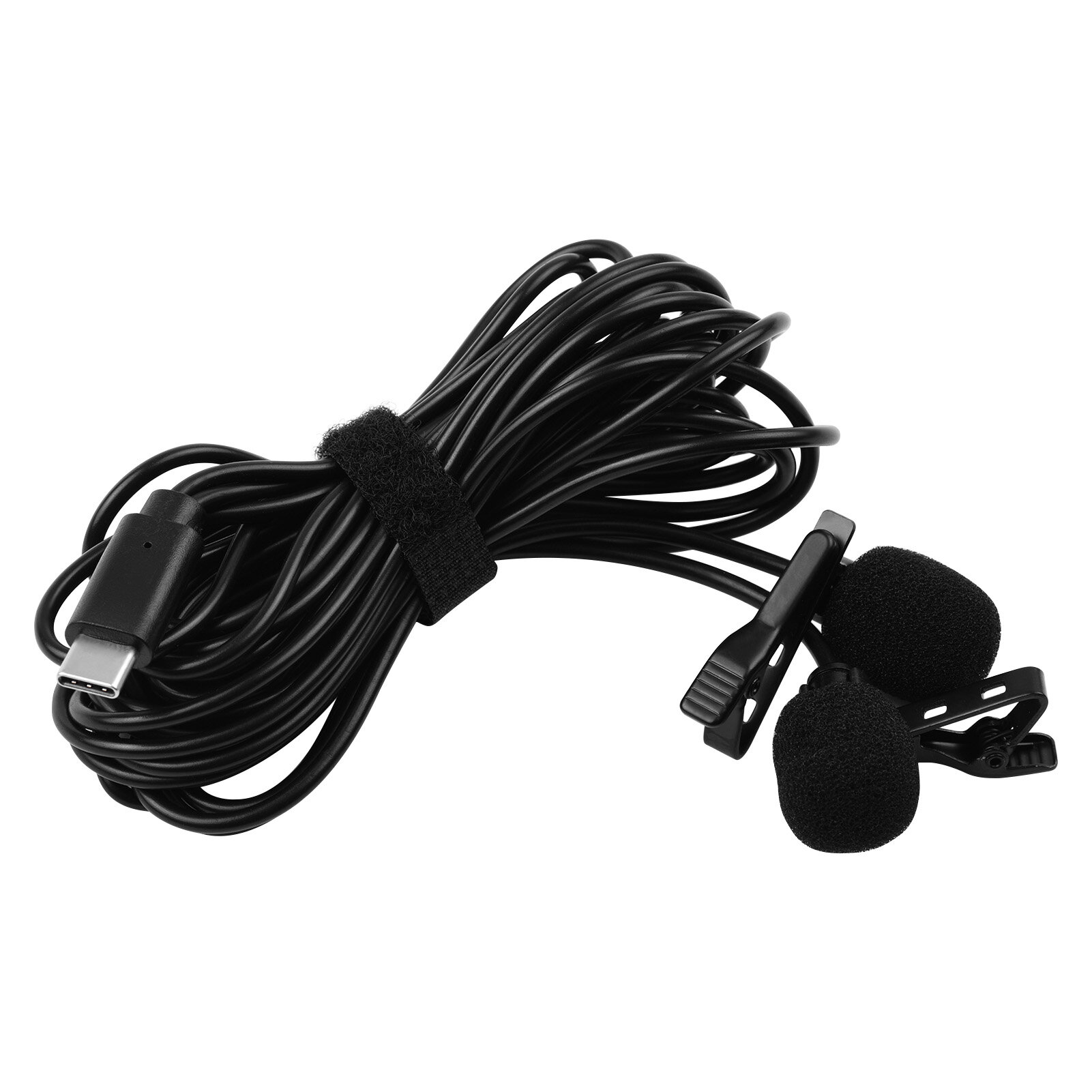 Микрофон лавальный клип-он двухголосный omnidirectional с кабелем 2.5м/8.2ft, пенчатым ветрозащитником и чехлом для устройств с интерфейсом USB Type-C для интервью, конференций, видеозаписи, черный, 1 шт.