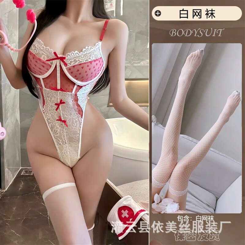 Сексуальное нижнее белье, униформа медсестры, кружевной бант в форме сердца, прозрачный боди, комплект 9276