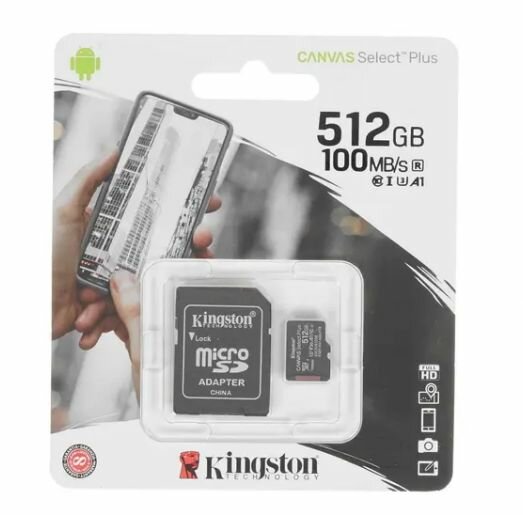 Карта памяти Kingston Canvas Select Plus microSDXC 512 ГБ (SDCS2/512GB) - A1, Сlass 10, UHS Class 3, Video Class 30, запись - 85 Мбайт/сек, чтение - 100 Мбайт/сек
