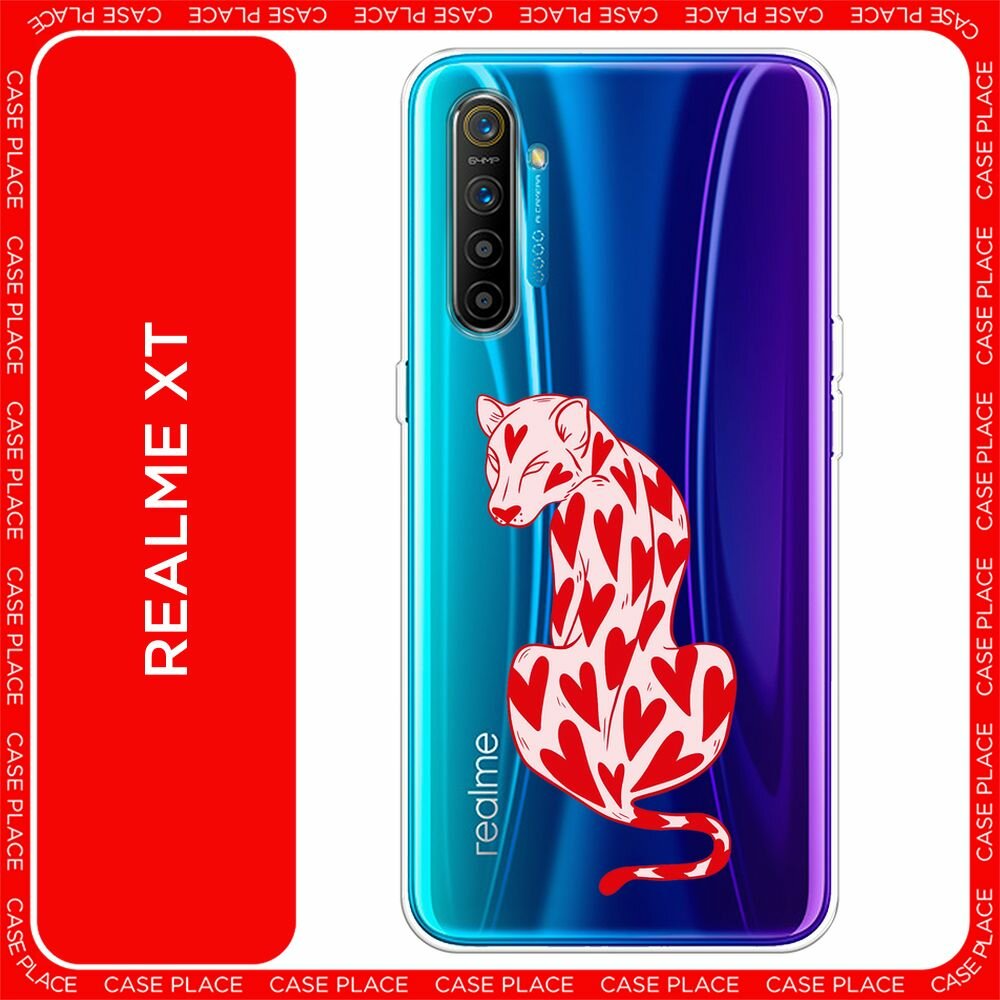 Чехол на Realme XT / Реалми XT с принтом "Heart panther 2 - 14 февраля", прозрачный