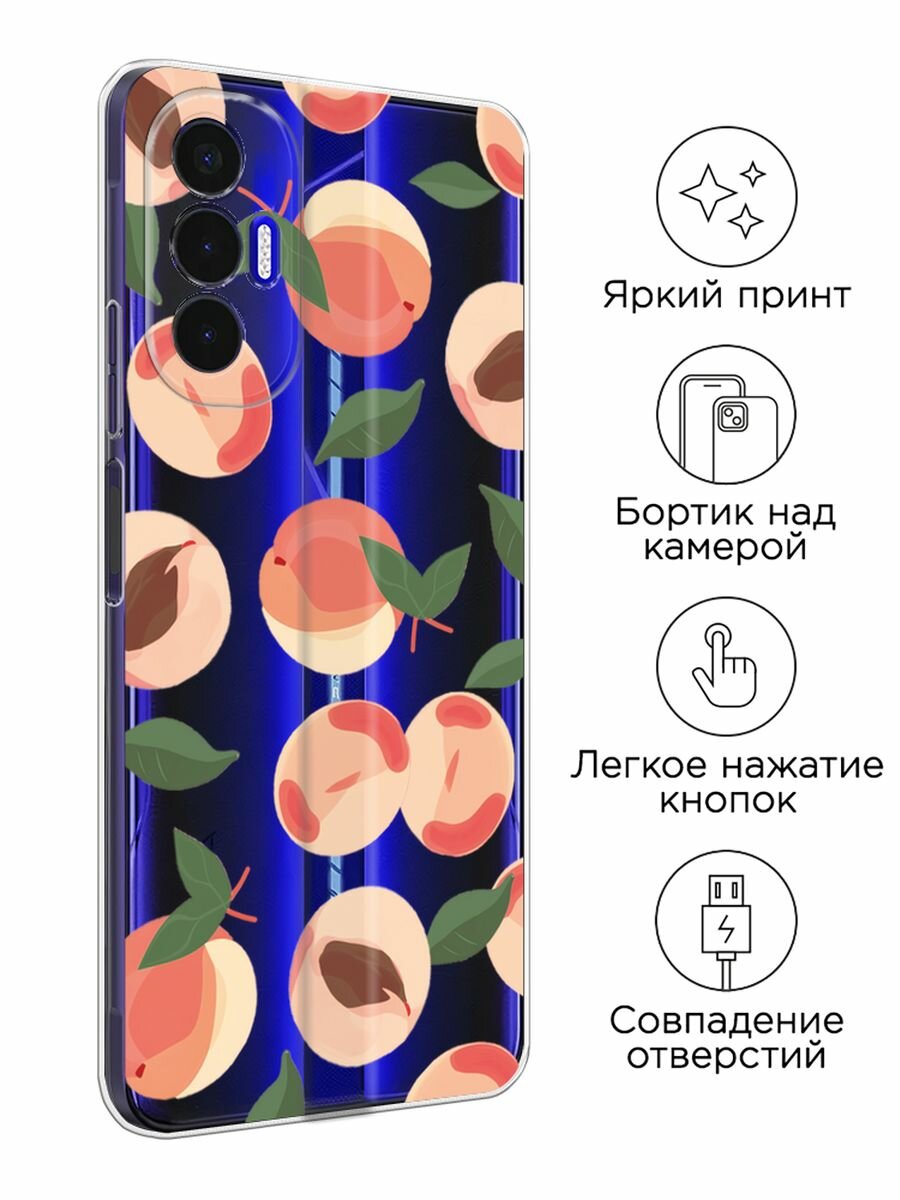 Чехол на Tecno Pova 3 / Текно Пова 3 с принтом "Нежные персики паттерн 2", прозрачный — фото 1