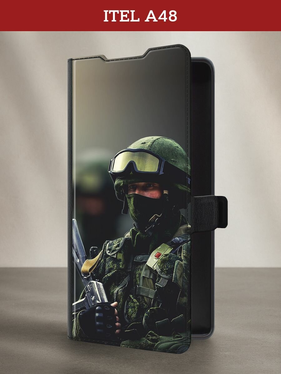 Чехол-книжка на Itel A48 / Айтел А48 с рисунком "Солдат", черный