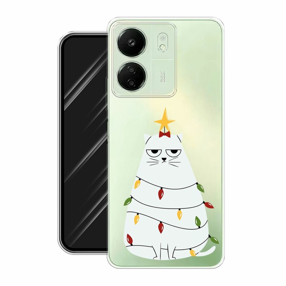 Чехол на Xiaomi Redmi 13C/Poco C65 / Сяоми Редми 13C/Поко С65 с принтом Котик в гирлянде, прозрачный — фото 1
