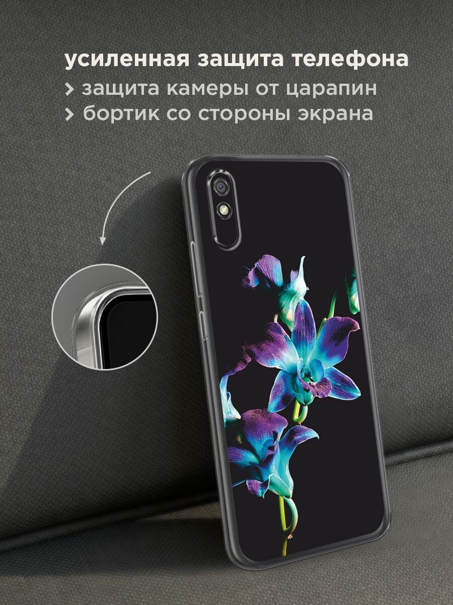 Чехол на Xiaomi Redmi 9A / Сяоми Редми 9А с принтом "Синий цветок на черном" — фото 1
