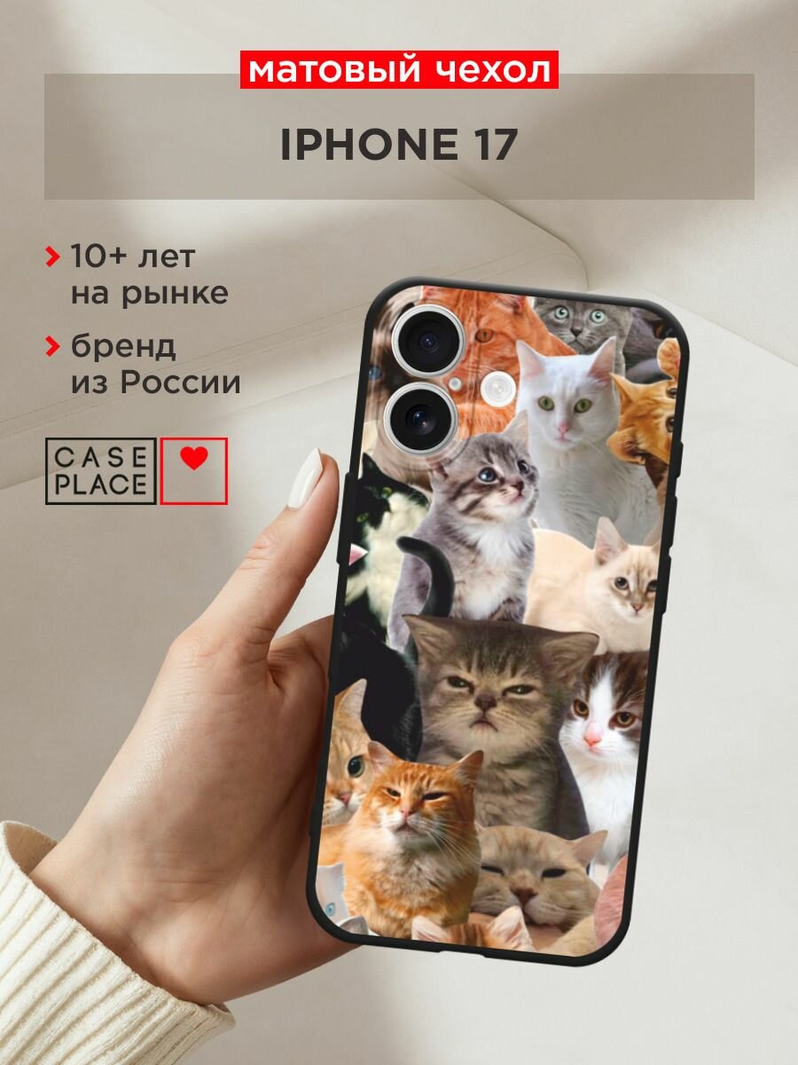 Черный матовый чехол на Apple iPhone 17 / Айфон 17 с принтом "Коты из мемов"