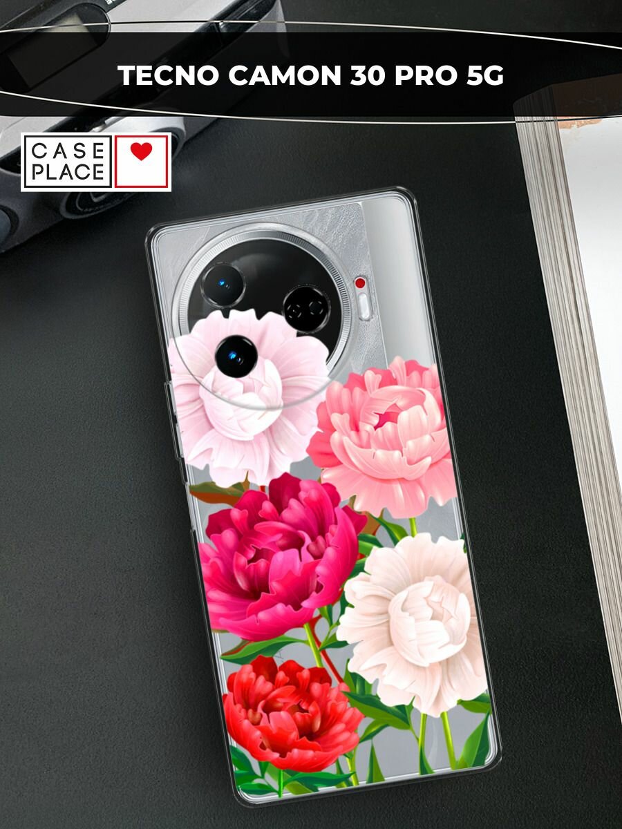 Чехол на Tecno Camon 30 Pro 5G / Текно Камон 30 Про 5G с принтом "Большие пионы", прозрачный