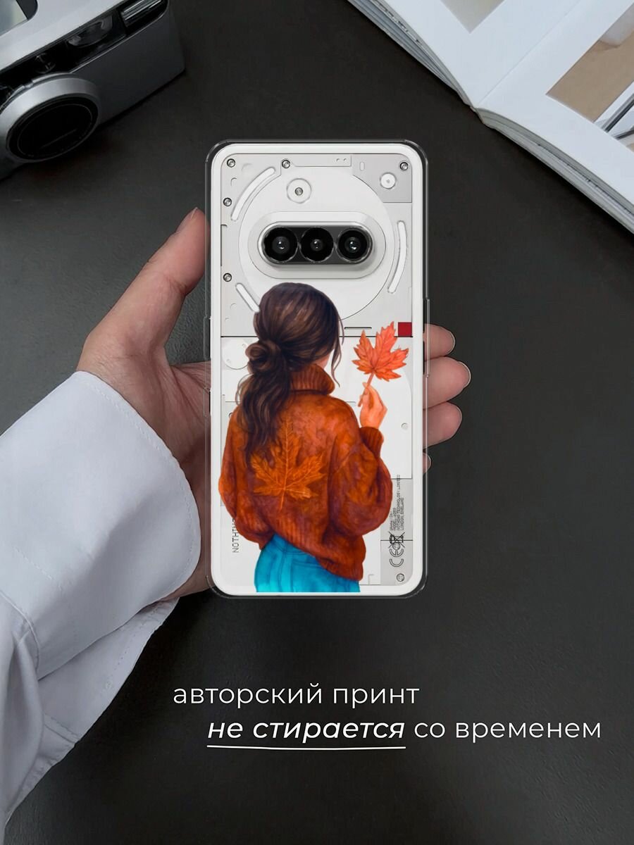Чехол на Nothing Phone 3a / Нотинг Фон 3а с принтом "Девушка с опавшим листом", прозрачный — фото 1