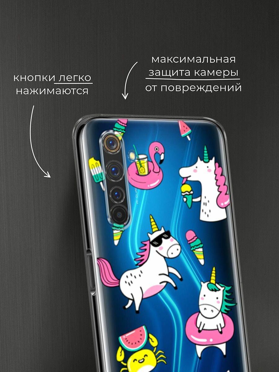 Чехол на Realme 6 Pro / Реалми 6 Про с принтом "Единороги в отпуске", прозрачный — фото 1