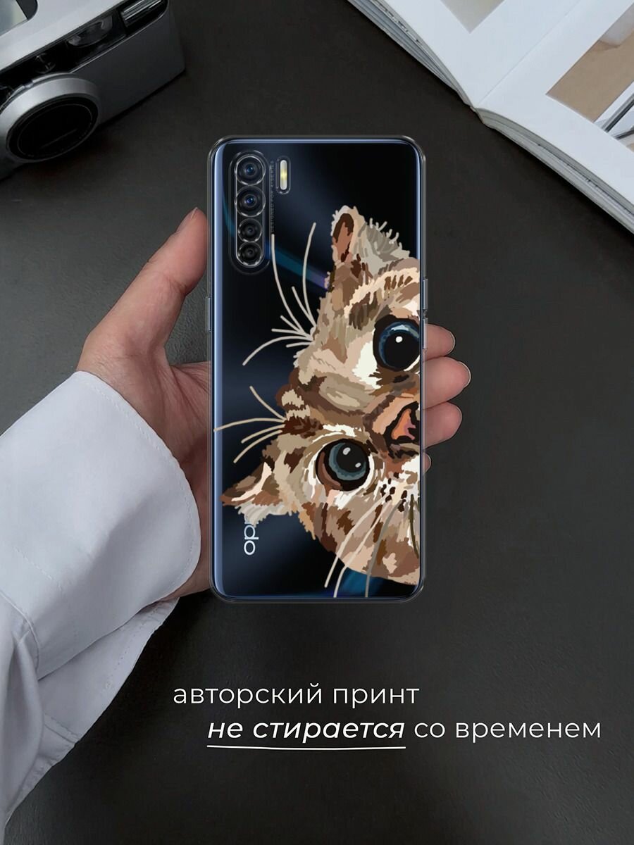 Чехол на Oppo A91/Reno 3 / Оппо A91/Рено 3 с принтом "Любопытный кот", прозрачный — фото 1