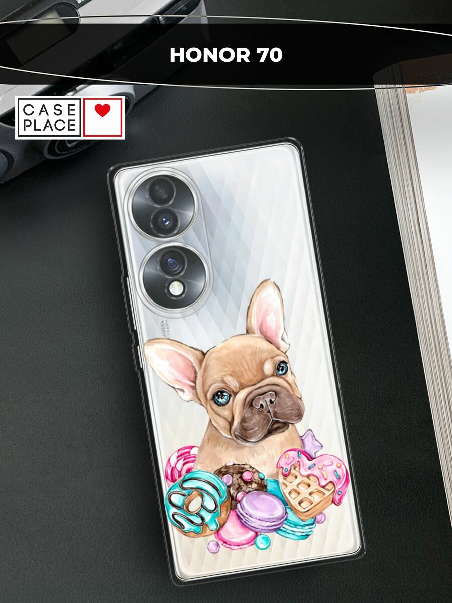 Чехол на Honor 70 / Хонор 70 с принтом "Бульдог и сладости", прозрачный