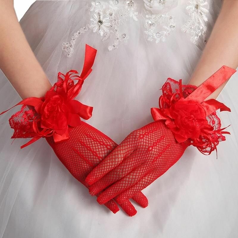 Короткие кружевные свадебные перчатки с цветочным декором для невест с полным пальцем для вечерних вечеринок, красный