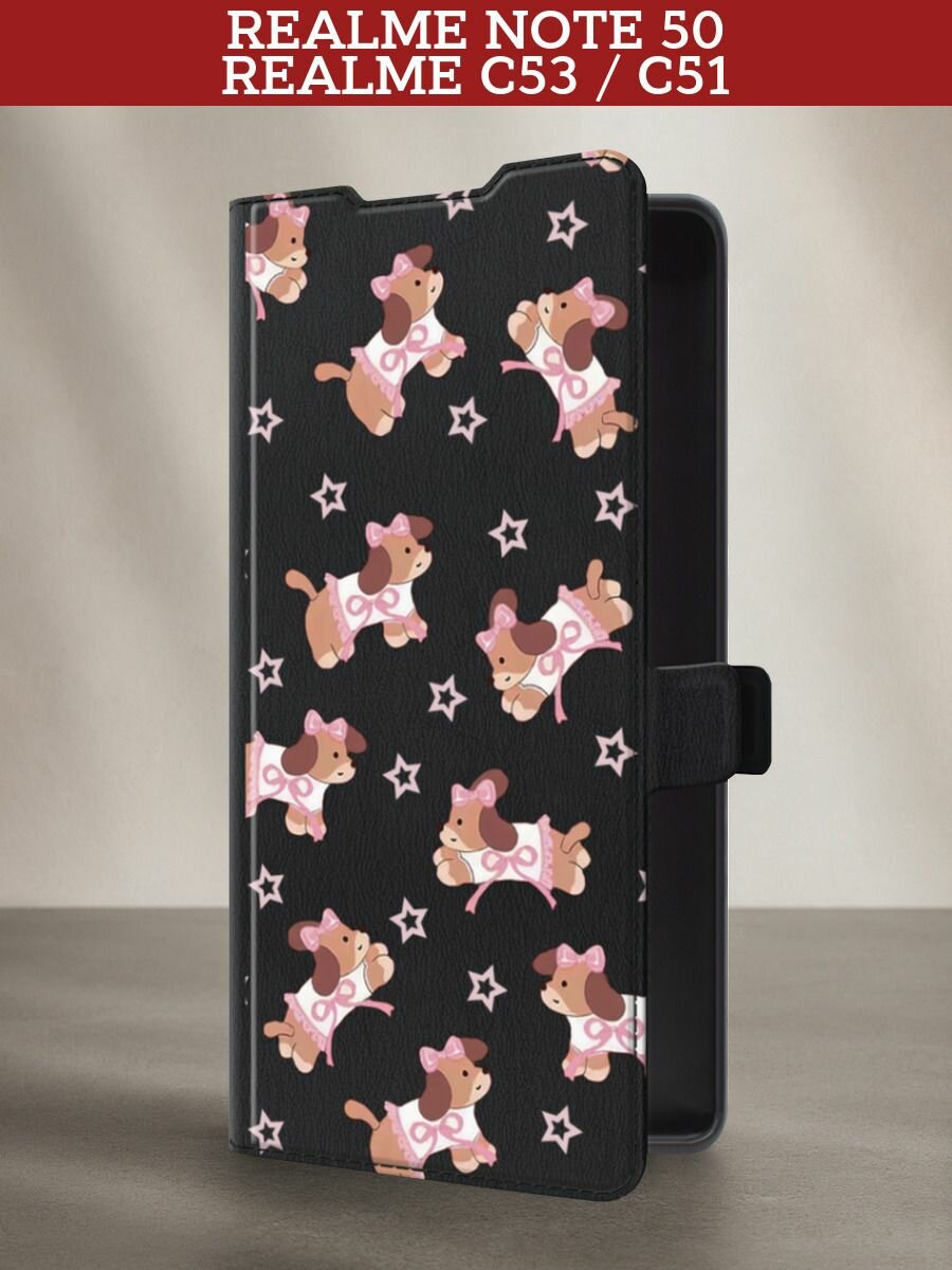 Чехол-книжка на Realme C53/C51/Note 50 / Реалми С53/С51/Ноте 50 с рисунком "Милый щенок с бантиком"