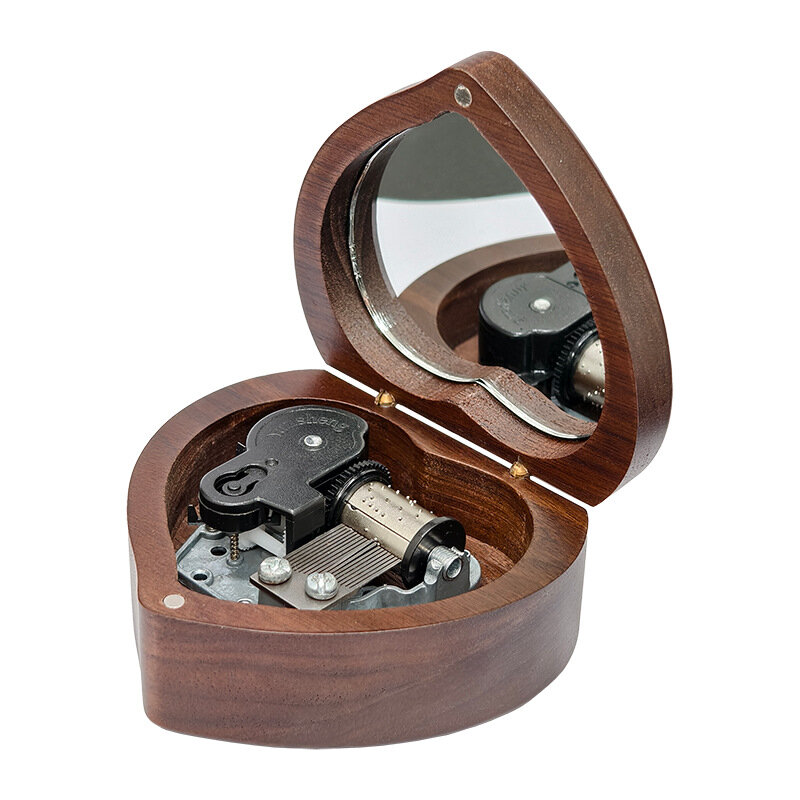 Музыкальная шкатулка из орехового дерева в форме сердца с зеркалом, ручная музыкальная шкатулка с прецизионным механизмом золотого и серебряного тона, резная деревянная шкатулка для дома или рабочего стола