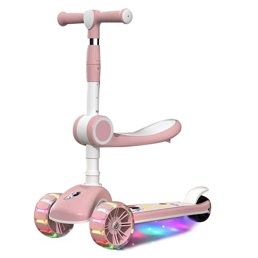 2 в 1 самокаты для детей 3 колеса складные с регулируемой высотой, светодиодными огнями, музыкальной функцией для мальчиков и девочек возрастом 2-12 лет, цвет розовый/белый/желтый, материал пластик, размер самоката 600*280*640-790мм, вес самоката 2.8кг,