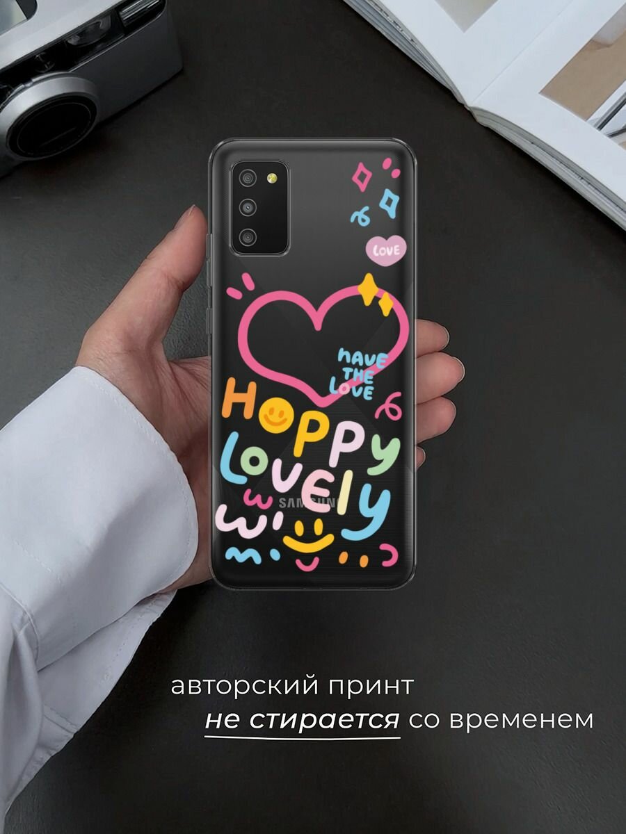 Чехол на Samsung Galaxy A02s / Самсунг Галакси A02s с принтом "Happy lovely", прозрачный — фото 1