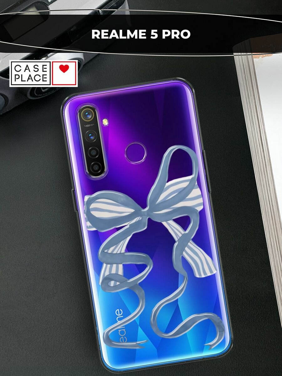 Чехол на Realme 5 Pro / Реалми 5 Про с принтом "Полосатый голубой бант 2"