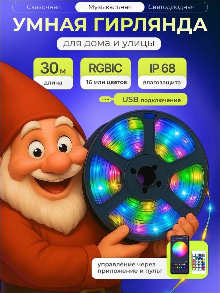 Умная гирлянда для дома и улицы RGB - IC с Bluetooth, 30м, IP68 / гирлянда RGB 30м, USB + Bluetooth + пульт ДУ