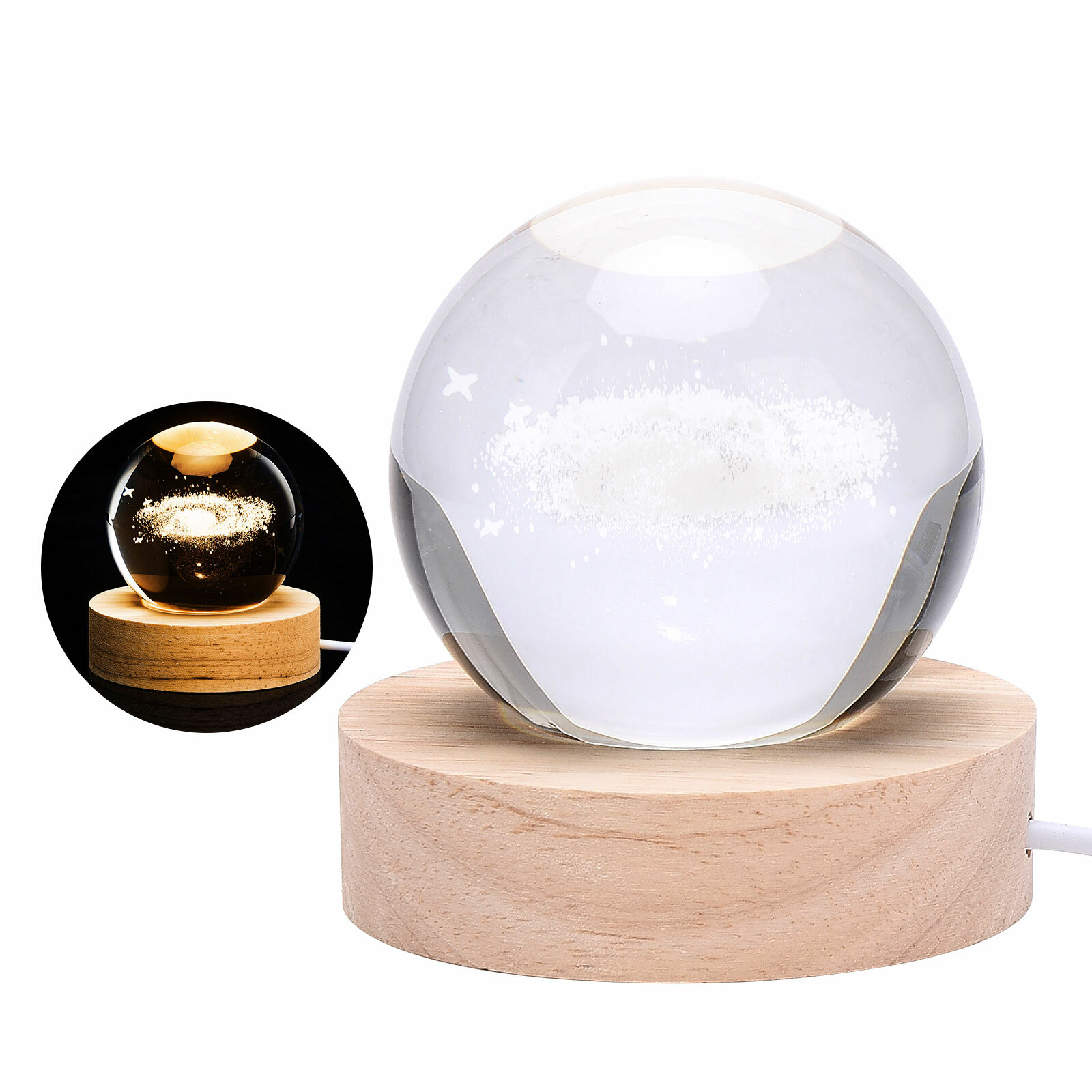 Crystal Globe Light 3D Engraved Glowing Ball Night Romantic Ambient Lamp with Wooden Base