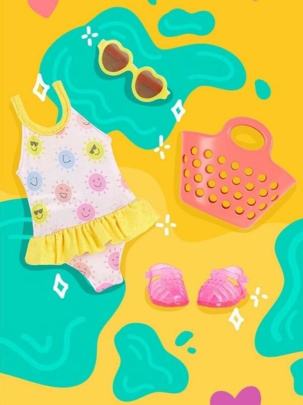 GLITTER GIRLS Одежда для кукол 35 см Блестящие брызги пляжный комплект с аксессуарами