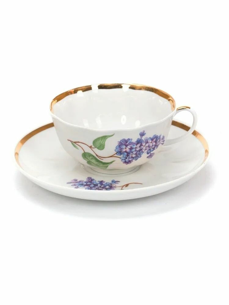 Чайная пара, чашка с блюдцем, 190 мл. Форма "Тюльпан", рисунок "Сирень". Фарфор. Дулёвский фарфоровый завод ДФЗ.