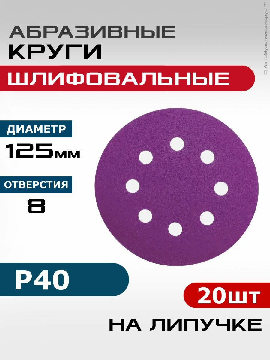 Шлифовальные круги Р40, 20шт, диаметр 125мм, наждачный абразивный полировальный диск