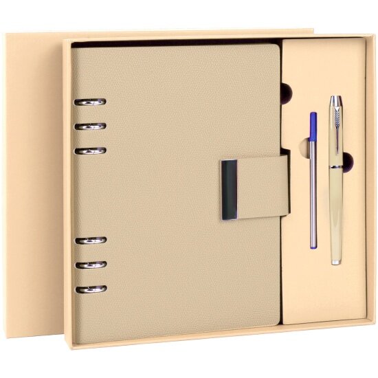 Ежедневник Brauberg на кольцах в наборе с ручкой А5, 165x229 мм, "Lux", под кожу, 100 листов, бежевый, 116859