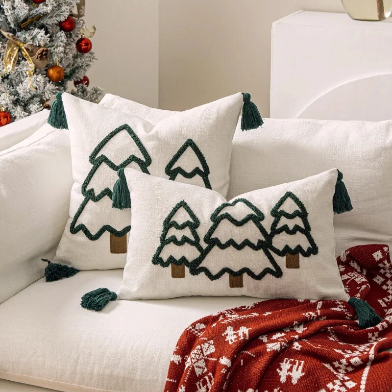Чехол для подушки Efundeal с вышивкой Рождество белый бежевый зеленый, White, 45x45cm
