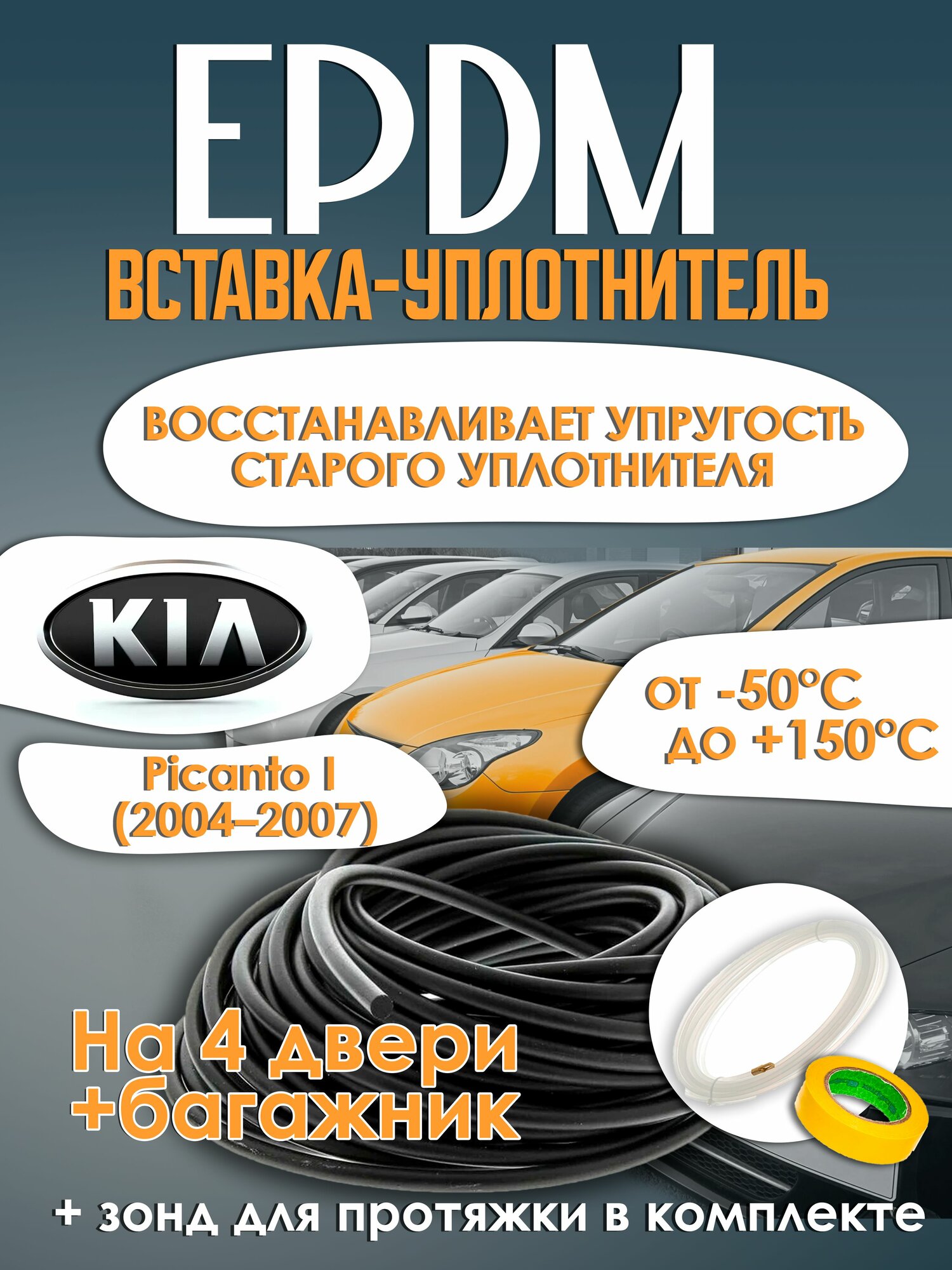 EPDM вставка-уплотнитель для дверей автомобиля Kia Picanto I (2004-2007) / Киа Пиканто 1 поколение