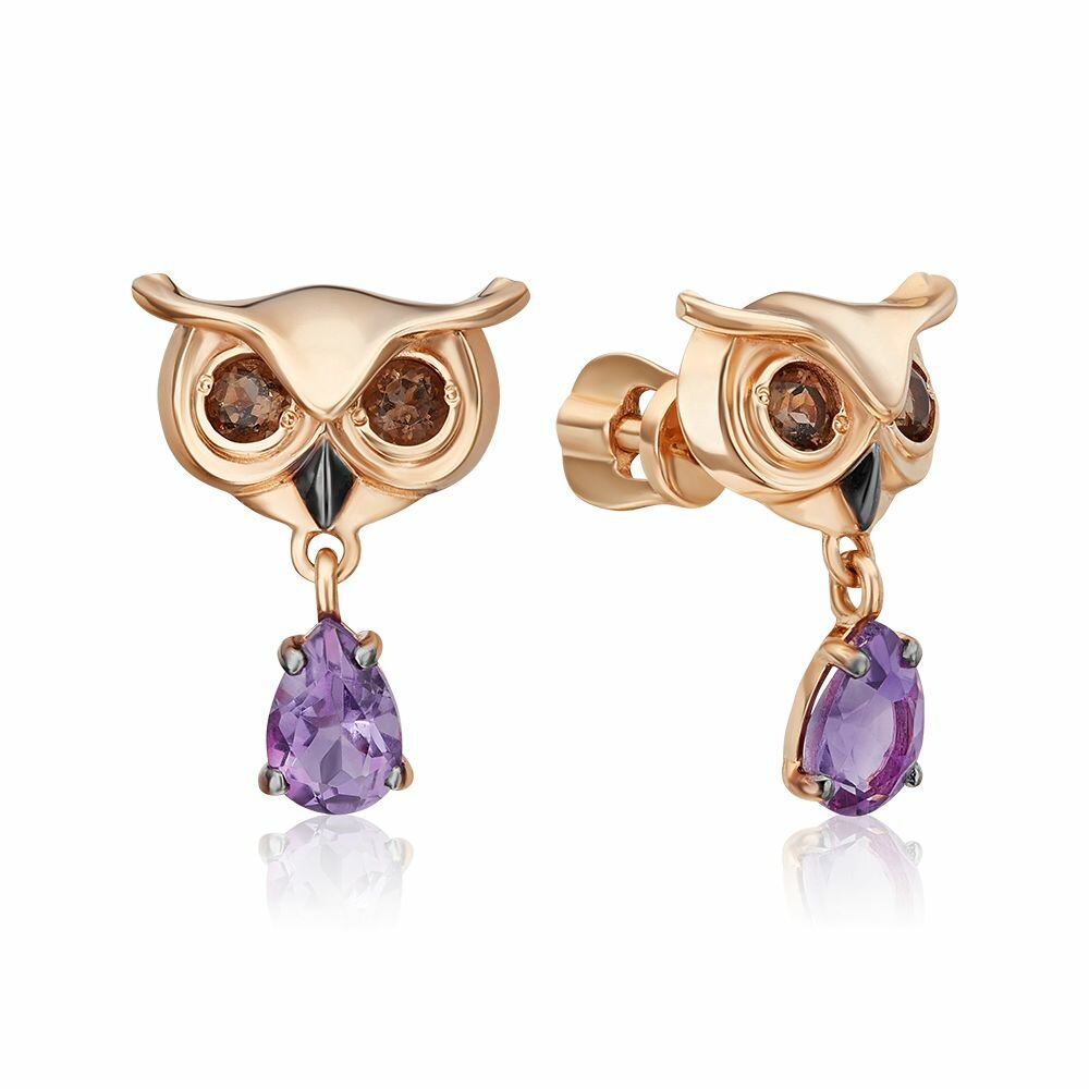 Серьги пусеты, красное золото, 585 проба, раухтопаз, аметист